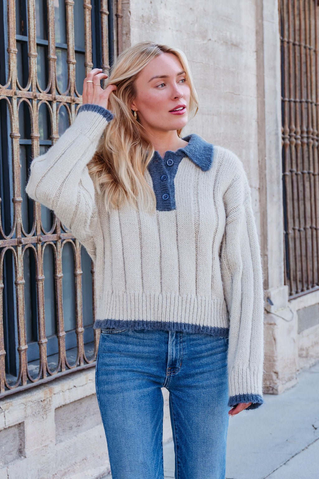 Beige & Blue Button Up Sweater - FINAL SALE – Magnolia Boutique