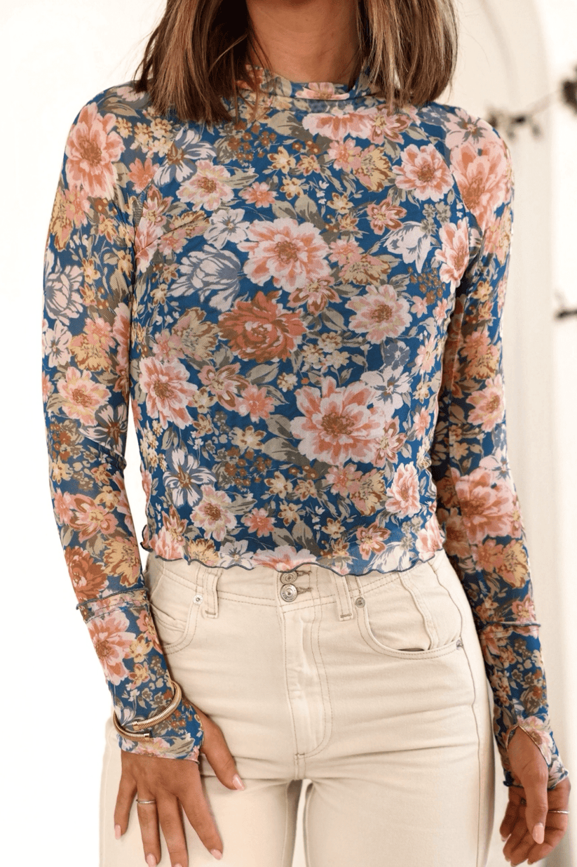 Blue Floral Mesh Top – Magnolia Boutique