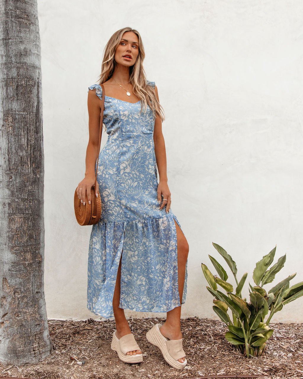 Blue Floral Print Chiffon Midi Dress - FINAL SALE – Magnolia Boutique