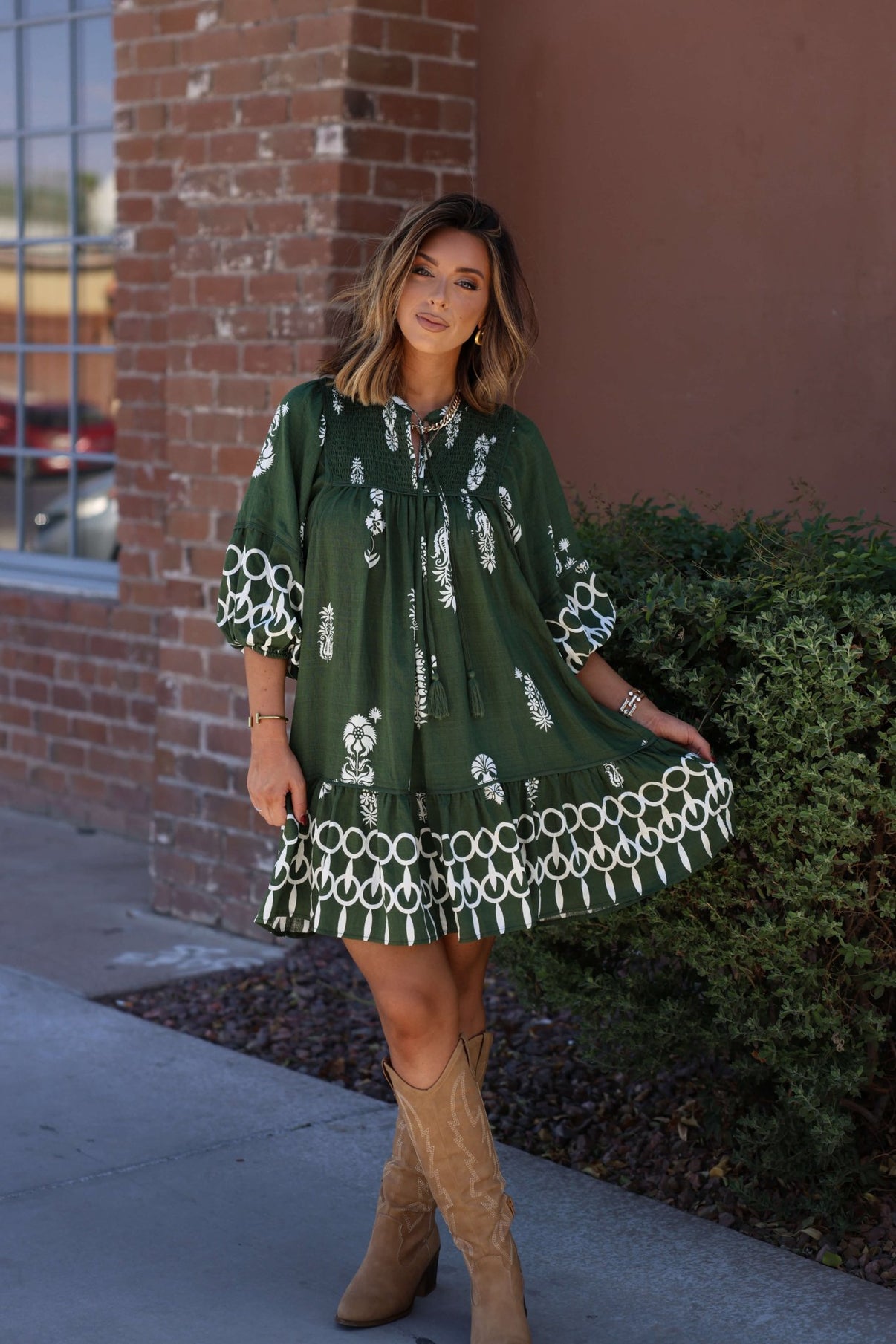 Hunter Green Border Print Tiered Mini Dress – Magnolia Boutique