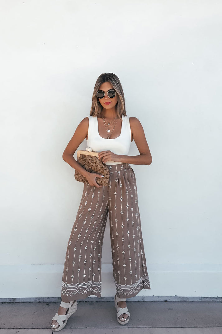 Mocha Border Print Embroidered Pants - FINAL SALE – Magnolia Boutique