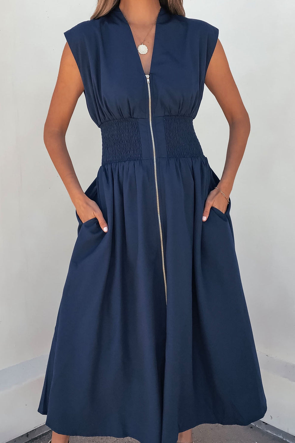 Solid Zip Up Front Midi Dress - Navy – Magnolia Boutique