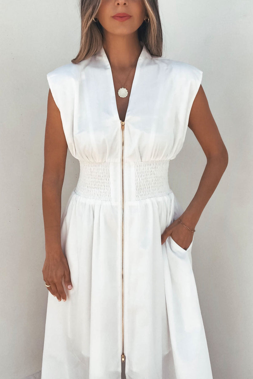 Solid Zip Up Front Midi Dress - White – Magnolia Boutique