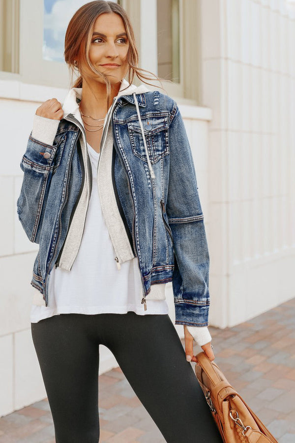 Sweatshirt Hooded Denim Jacket – Medium Wash Style – Magnolia Boutique