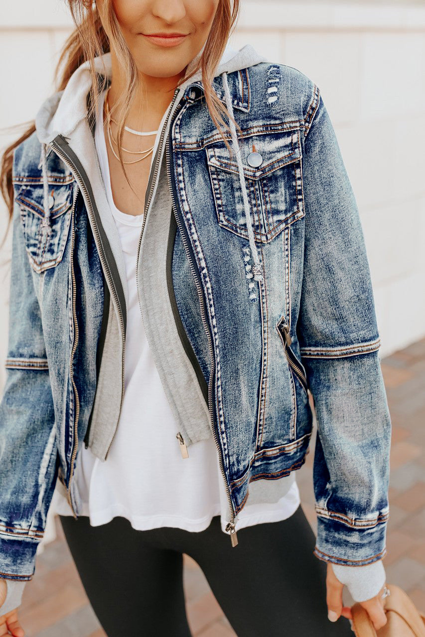 Sweatshirt Hooded Denim Jacket – Medium Wash Style – Magnolia Boutique