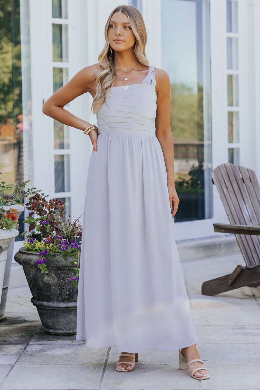 Fallon Misty Grey One Shoulder Pleated Maxi Dress – Magnolia Boutique