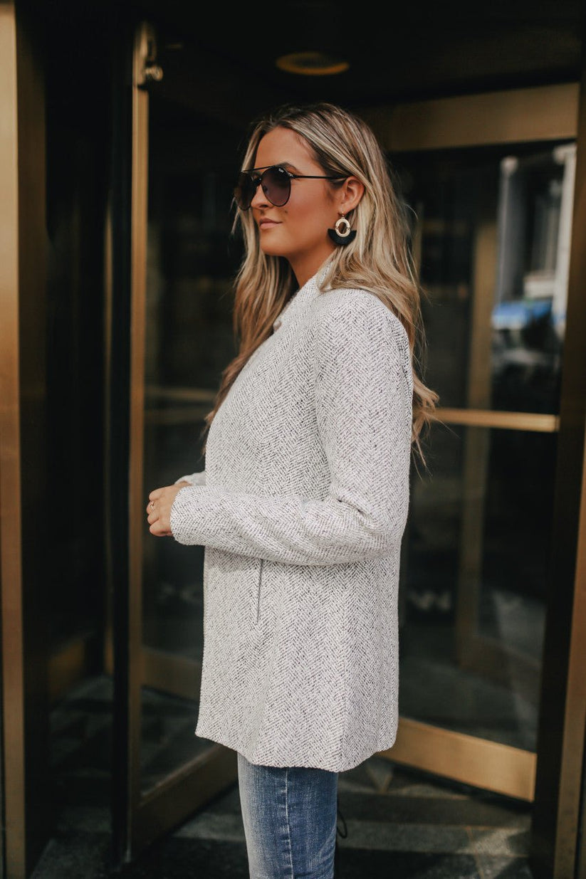 Grey and White Herringbone Jacket | Open Front Style – Magnolia Boutique